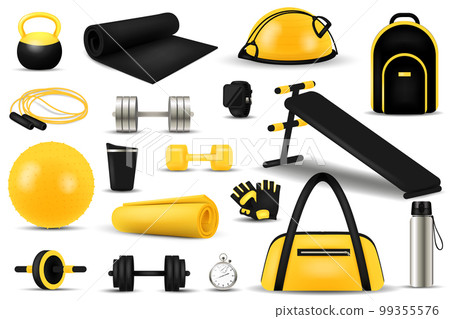 Realistic fitness elements. Gym accessories,... - Stock Illustration ...