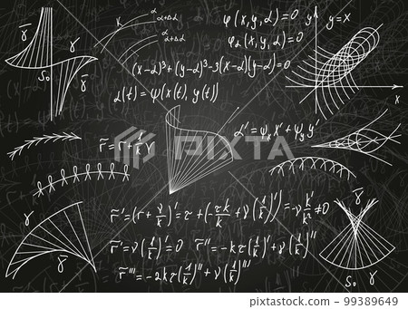 Mathematical formulas drawn by hand on a black... - Stock Illustration ...