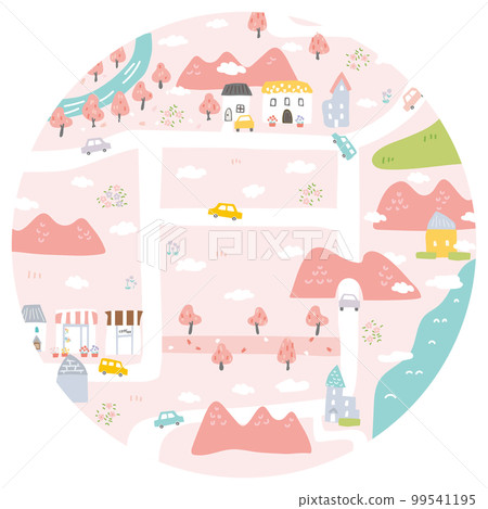 Spring cityscape illustration circle with... - Stock Illustration ...