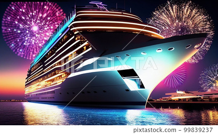 Illustration of a cruise ship and fireworks AI... - Stock Illustration ...