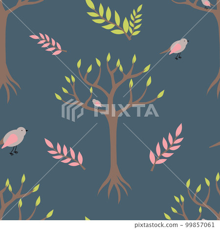 Vector seamless pattern of trees birds and... - Stock Illustration ...