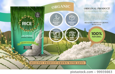 3D white basmati rice. Full paddy bowl. Healthy... - Stock Illustration ...