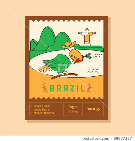Brazil coffee label with toucan on bay-插圖素材 [99997337] - PIXTA圖庫