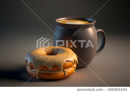 cup of latte and glazed donut on table, neural... - Stock Illustration ...