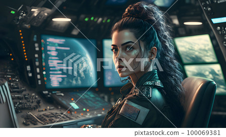 beautiful woman as captain of a spaceship,... - Stock Illustration ...