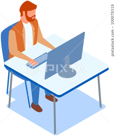 Office worker male character sitting at table... - Stock Illustration ...