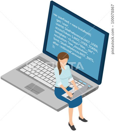Woman looking at laptop screen with program... - Stock Illustration ...
