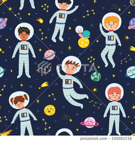Cute space seamless pattern with kids... - Stock Illustration ...