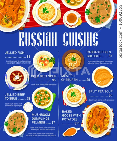 Russian cuisine menu page. Meat pie Chebureki,...-插圖素材 [100092855 ...