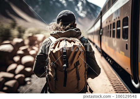 Back view of man with backpack travelling... - Stock Illustration ...