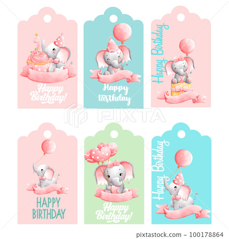 Set of happy birthday gift tags with cute baby... - Stock Illustration ...
