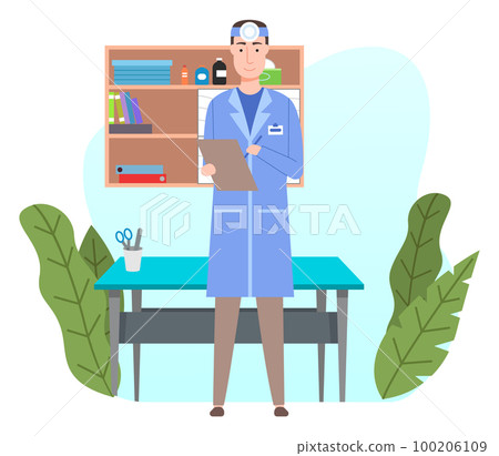 Young doctor with reflector in gown stands near... - Stock Illustration ...
