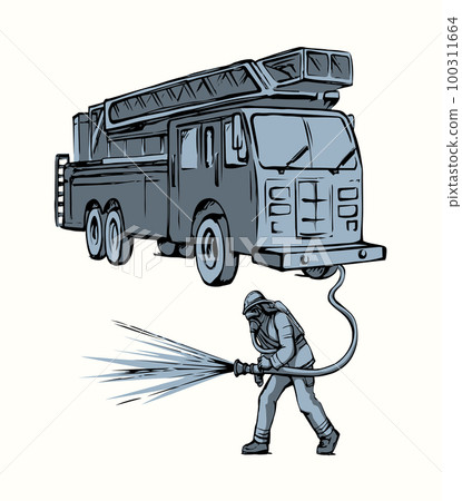 Vector drawing. Firefighter puts out the fire - Stock Illustration ...