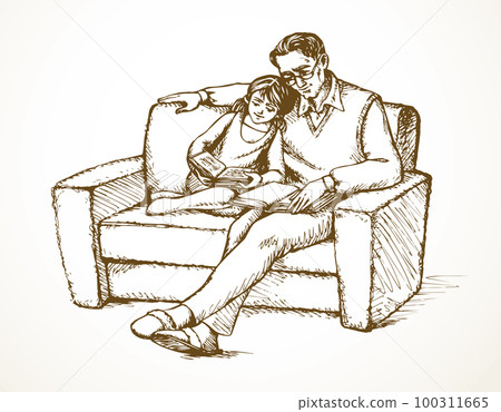 Vector drawing. Father reading a book with his... - Stock Illustration ...
