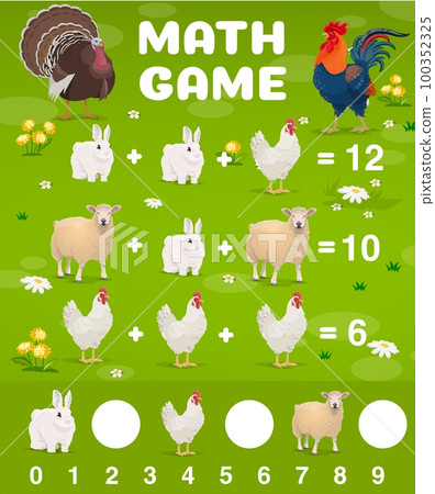 Cartoon farm animals math game worksheet....-插圖素材 [100352325] - PIXTA圖庫