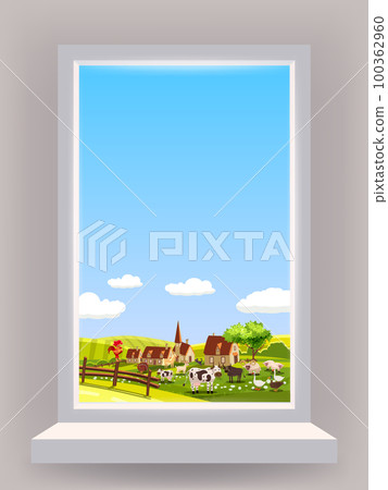 Window view interior, farm, rural landscape,... - Stock Illustration ...