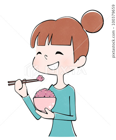 Illustration of a woman eating millet rice - Stock Illustration ...