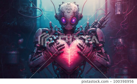 Humanoid robot with love heart in cyberpunk... - Stock Illustration ...