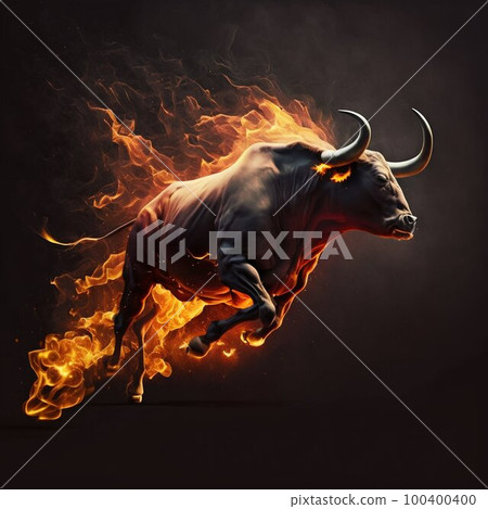 Fire flame bull on black background. Generative AI-插圖素材 [100400400 ...
