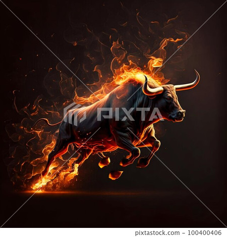 Fire flame bull on black background. Generative AI - Stock Illustration ...