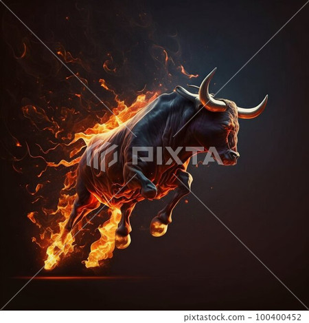Fire flame bull on black background. Generative AI - Stock Illustration ...
