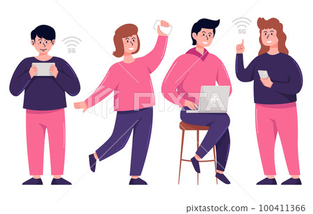 Cartoon characters using mobile wireless...-插圖素材 [100411366] - PIXTA圖庫