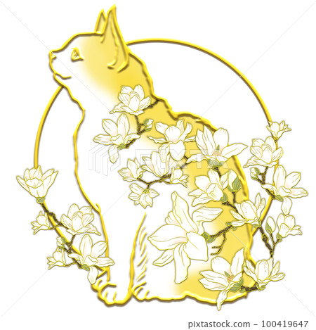 Magnolia flower and cat _ profile _ brown white... - Stock Illustration ...