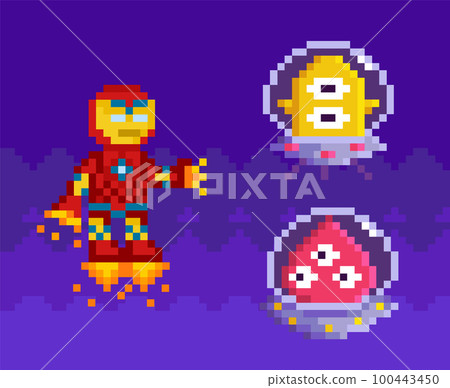 Pixelated aliens in transparent saucers flying...-插圖素材 [100443450 ...