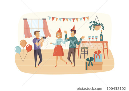 Couple having fun at home party scene.... - Stock Illustration ...