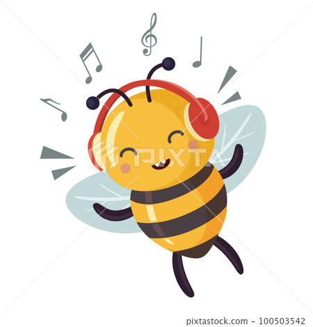 Funny bee music lover enjoys music. Cartoon bee... - Stock Illustration ...