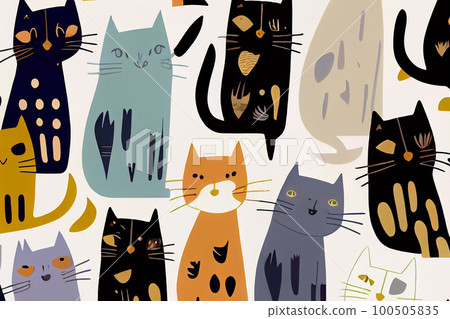 Funny cat animal crowd cartoon pattern in flat... - Stock Illustration ...