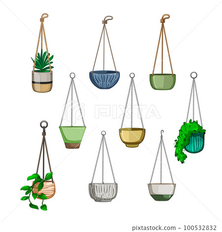 hanging planter set cartoon vector illustration - Stock Illustration ...