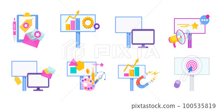 Advertising and promotion icons set. Promotion... - Stock Illustration ...