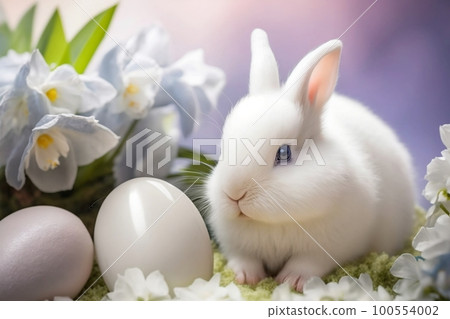 Cute white bunny with Easter eggs in the spring... - Stock Illustration ...