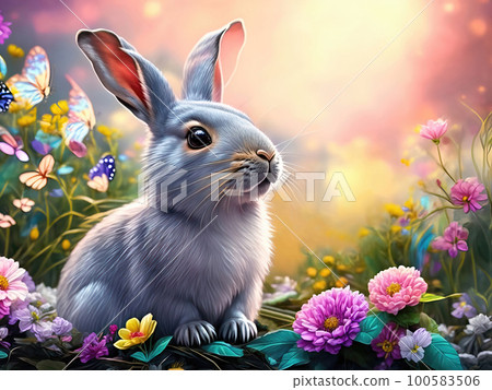 Illustration of fairy Easter Bunny with flowers... - Stock Illustration ...