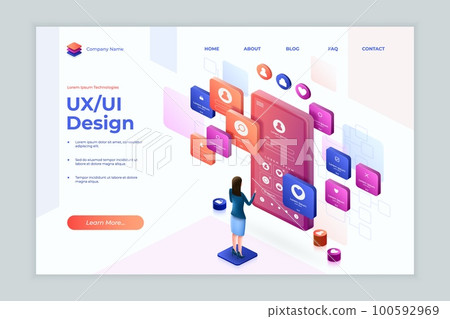 Isometric mobile app. UX UI web design landing.... - Stock Illustration ...