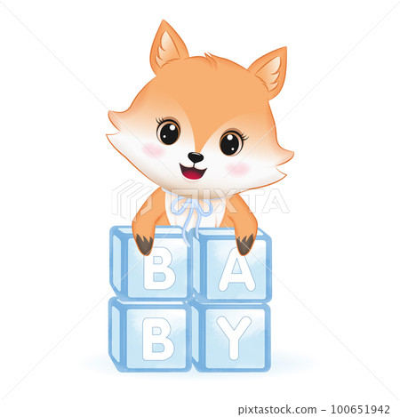 Cute fox and baby toy box hand drawn cartoon... - Stock Illustration ...