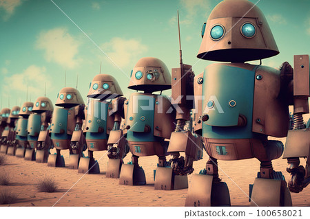 Robot crowd in rows. Robot army. Created with... - Stock Illustration ...
