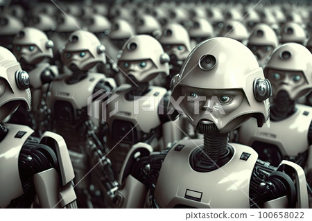 Robot crowd in rows. Robot army. Created with... - Stock Illustration ...