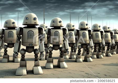 Robot crowd in rows. Robot army. Created with... - Stock Illustration ...