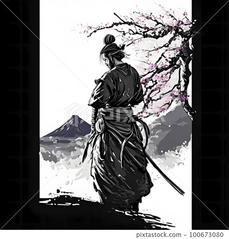 Samurai drawn in ink painting Cherry blossoms... - Stock Illustration ...