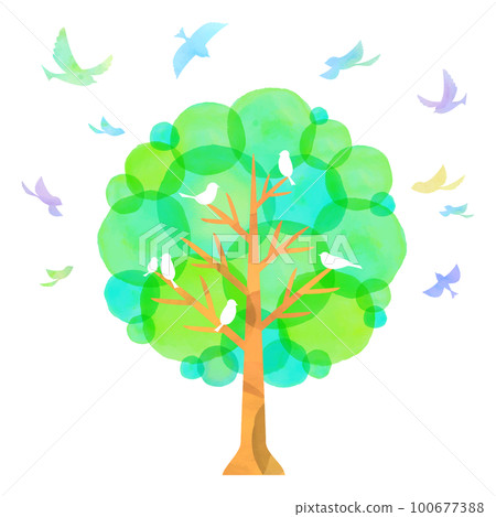 Watercolor touch trees and small birds Blue... - Stock Illustration ...