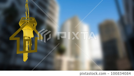 Image of golden key and house over cityscape - Stock Illustration ...