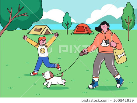 family walking their dogs in the camping zone - Stock Illustration ...