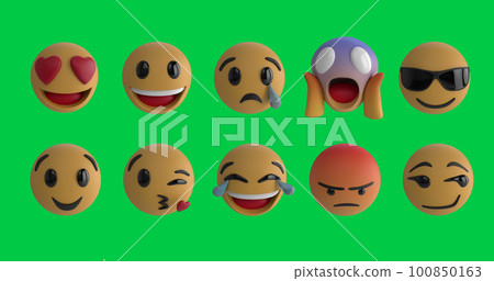 Composition of two rows of emoji icons on green... - Stock Illustration ...