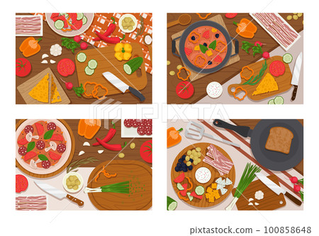 Cooking food, top view. Cook process,...-插圖素材 [100858648] - PIXTA圖庫