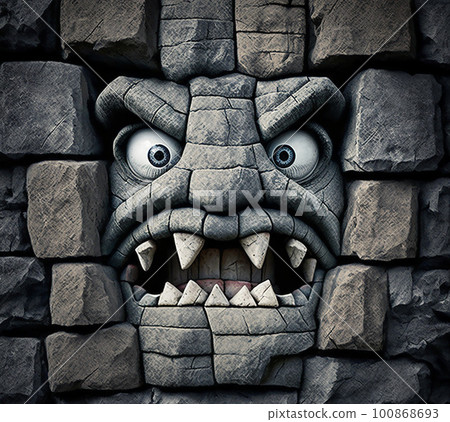 The scary face that emerges from the stone wall... - Stock Illustration ...
