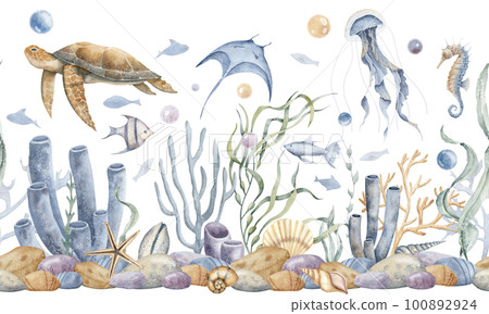 Underwater seamless banner with sea animals and... - Stock Illustration ...