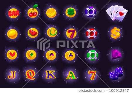 Casino slot game icons on background, RPG UI... - Stock Illustration ...