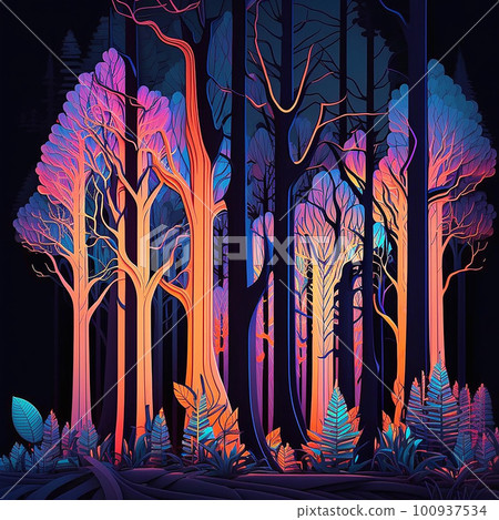 Forest with tall trees in neon colors like night - Stock Illustration ...